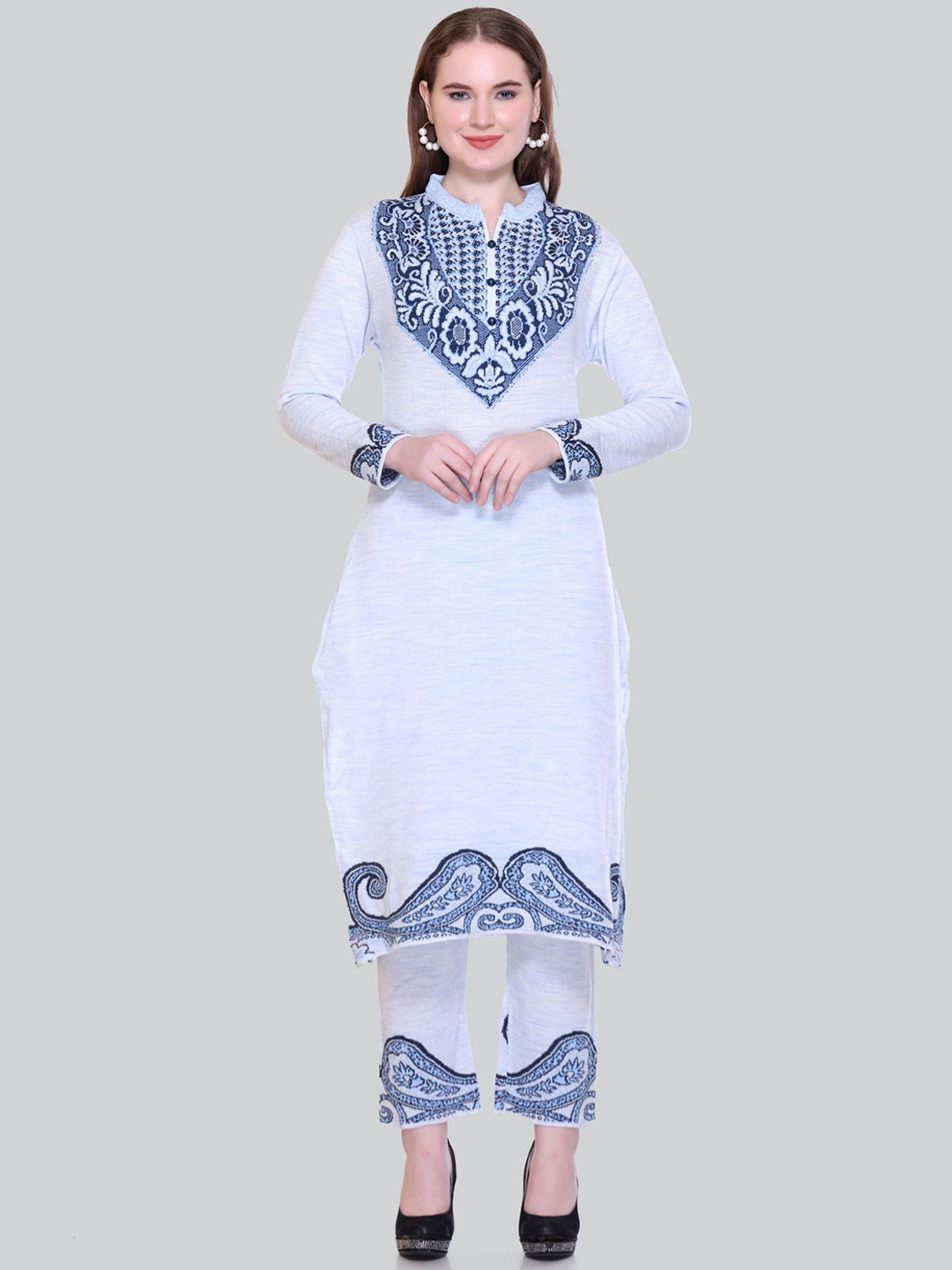 Buy MONTREX Floral Woven Design Mandarin Collar Straight Kurta With ...