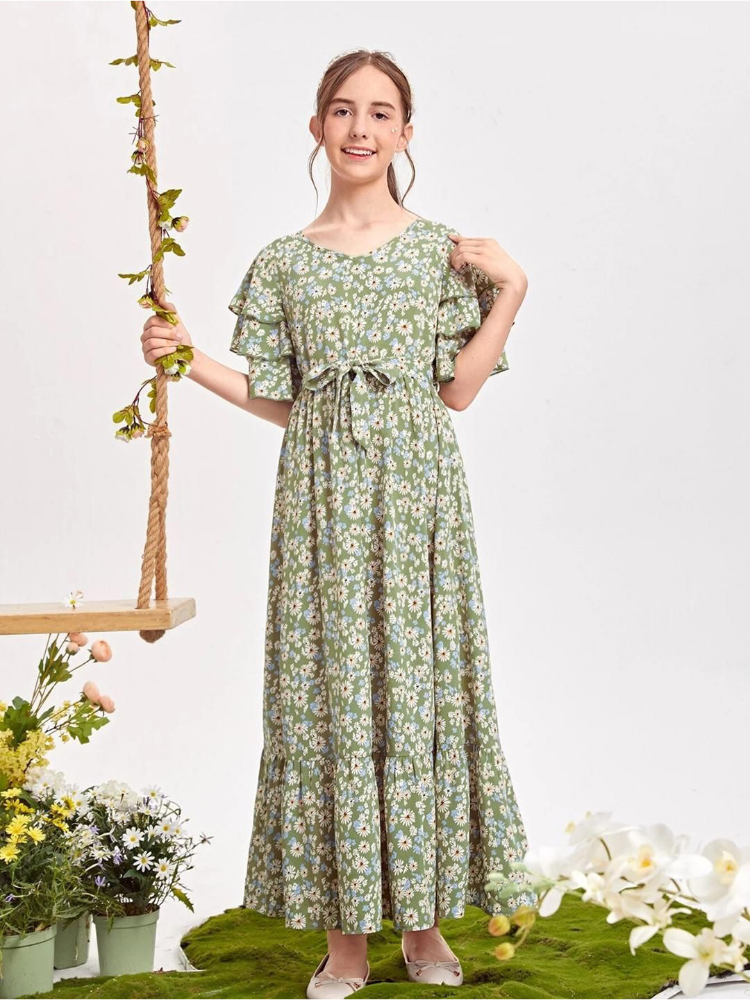 Buy Miss & Chief Girls Floral Printed Flutter Sleeve A Line Maxi Dress ...