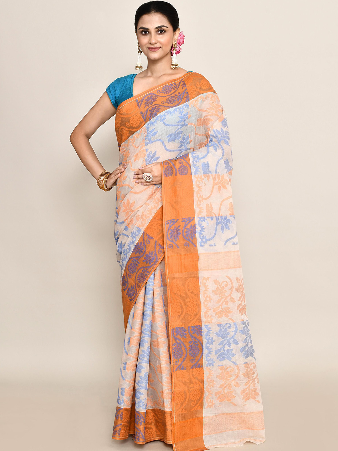 Buy PUKU Ethnic Motifs Patchwork Pure Cotton Taant Saree - Sarees for ...