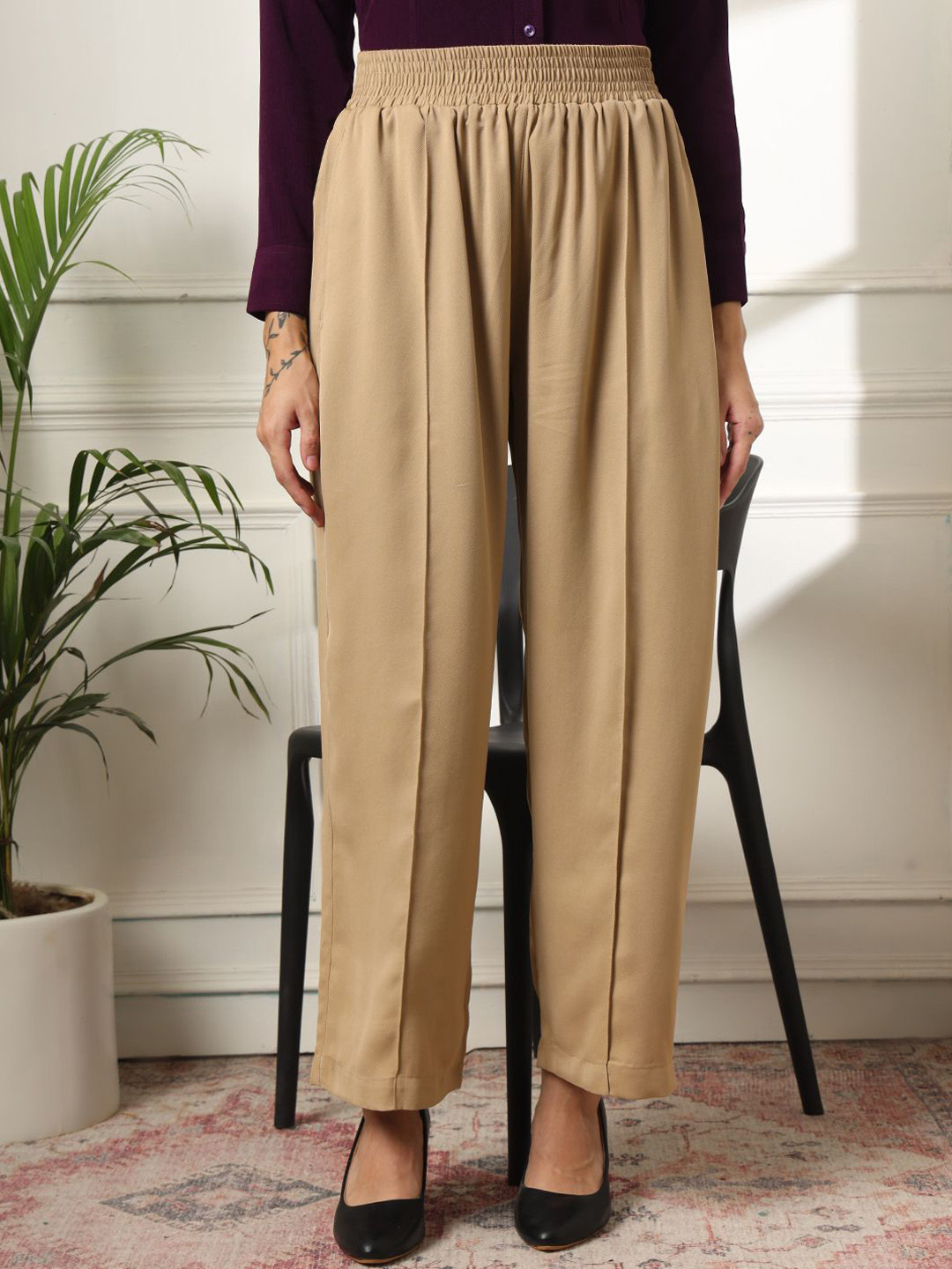 Buy FITHUB Women Cotton Straight Fit High Rise Pleated Formal Trousers ...