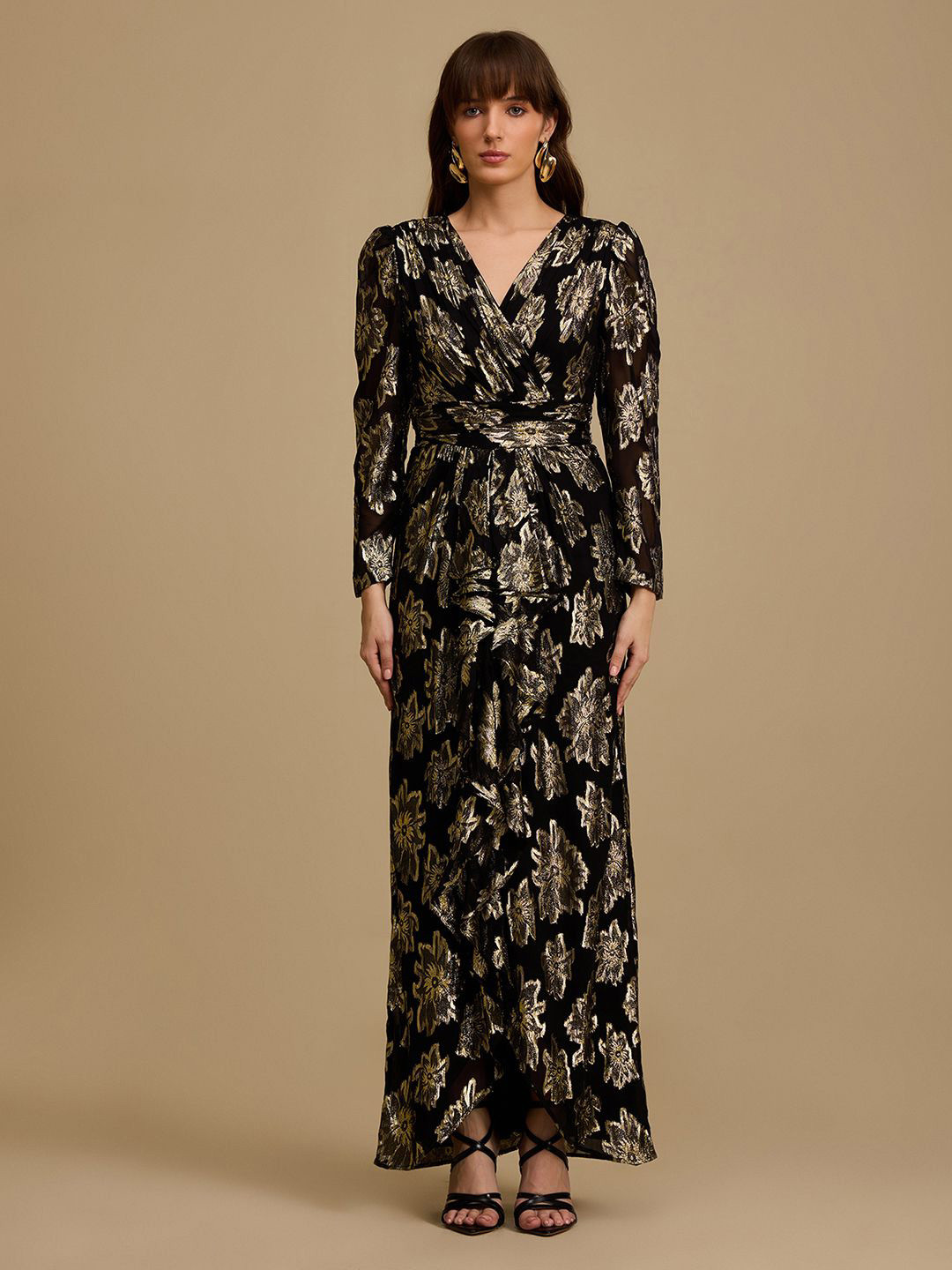 Buy Kazo Embellished V Neck Puff Sleeves Wrap Maxi Dress - Dresses for ...