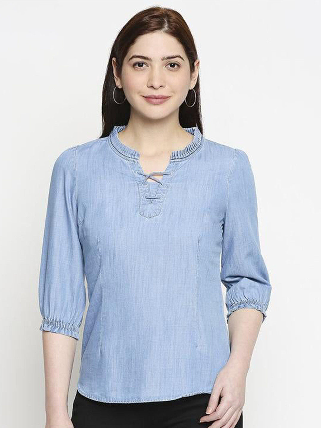 Buy Kraus Jeans Women Cotton Mandarin Collar Denim Top - Tops for Women ...