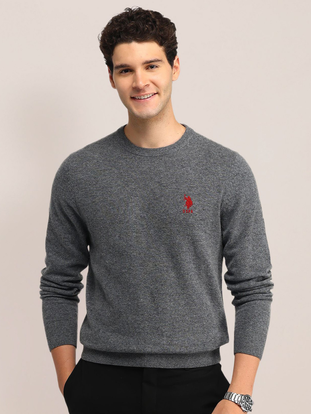Buy U.S. Polo Assn. Varsity Men Self Design Long Sleeves Round Neck ...