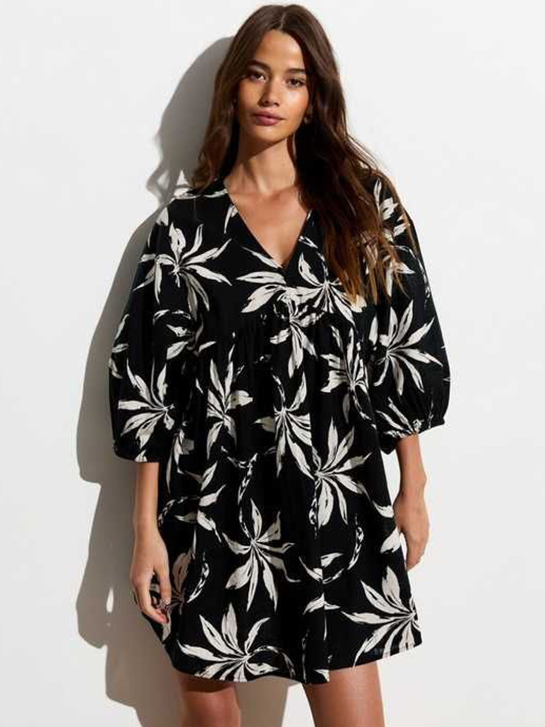 Buy MANOJAVA Floral Print Puff Sleeve Layered Fit & Flare Dress ...