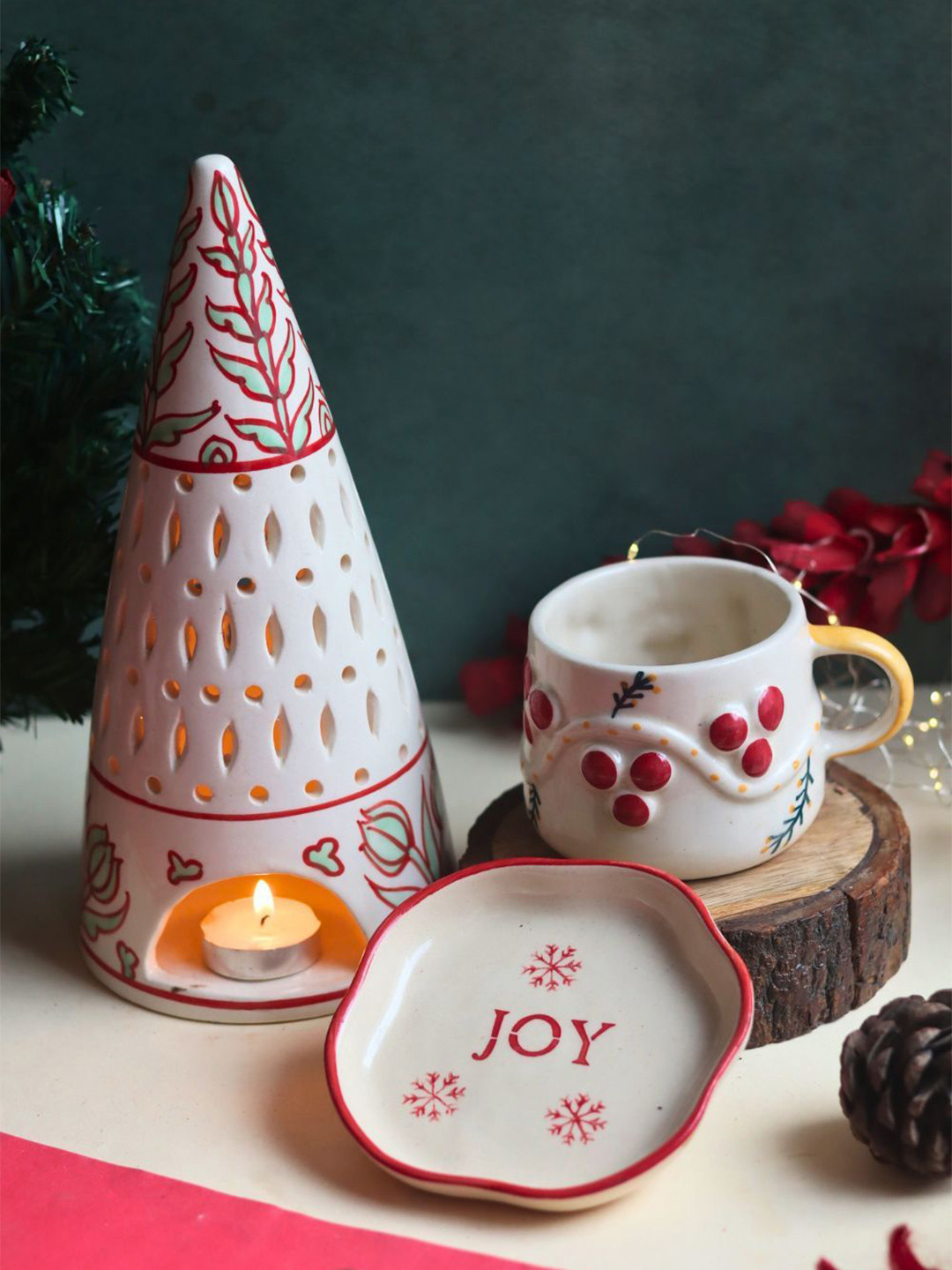 Buy WEAVING HOMES 3Pcs White & Red Printed Ceramic Home Gift Set - Home ...