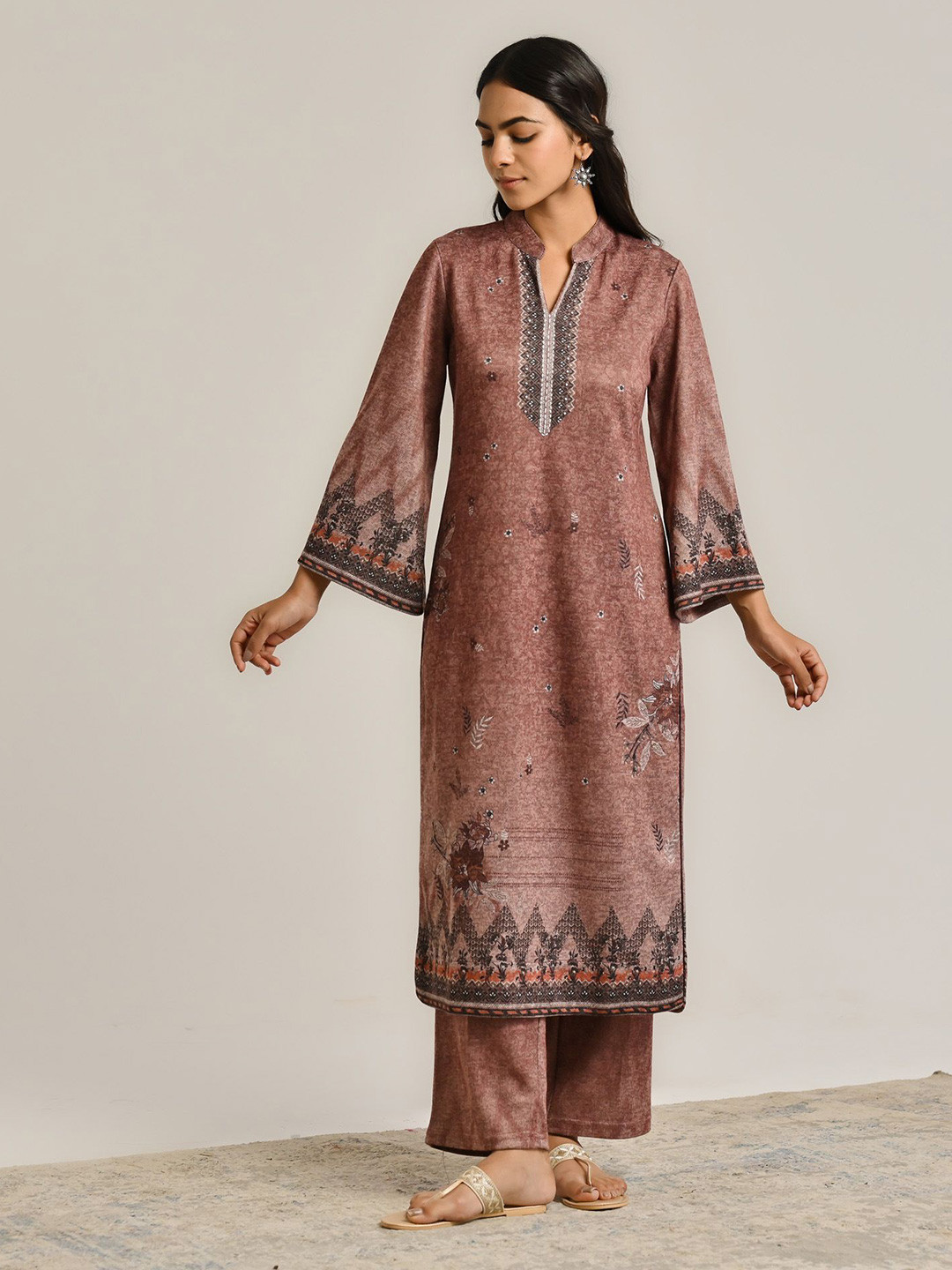 Buy Rustorange Floral Printed Mandrain Collar Woollen A Line Kurta ...