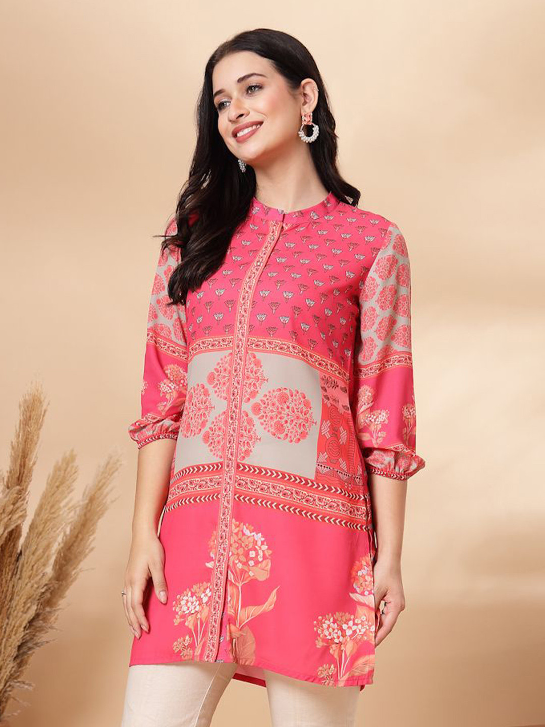 Buy Nayam By Lakshita Printed Mandarin Collar Tunic - Tunics for Women ...