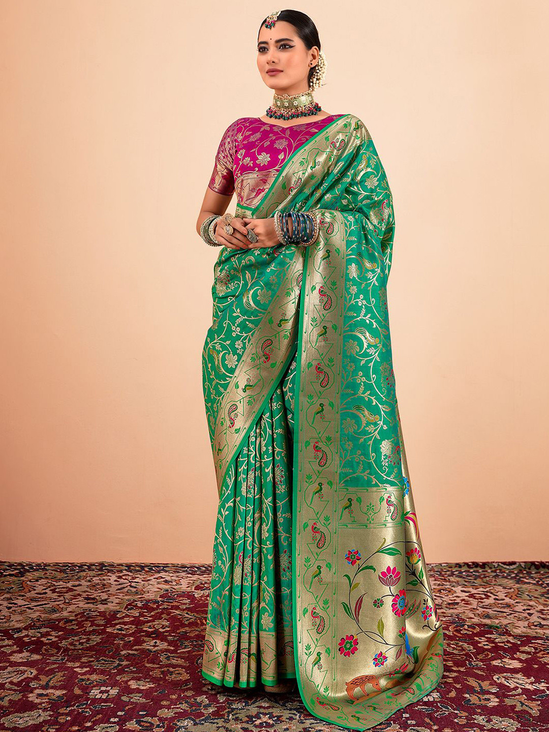 Buy Satrani Woven Design Zari Pure Silk Paithani Saree With Blouse ...