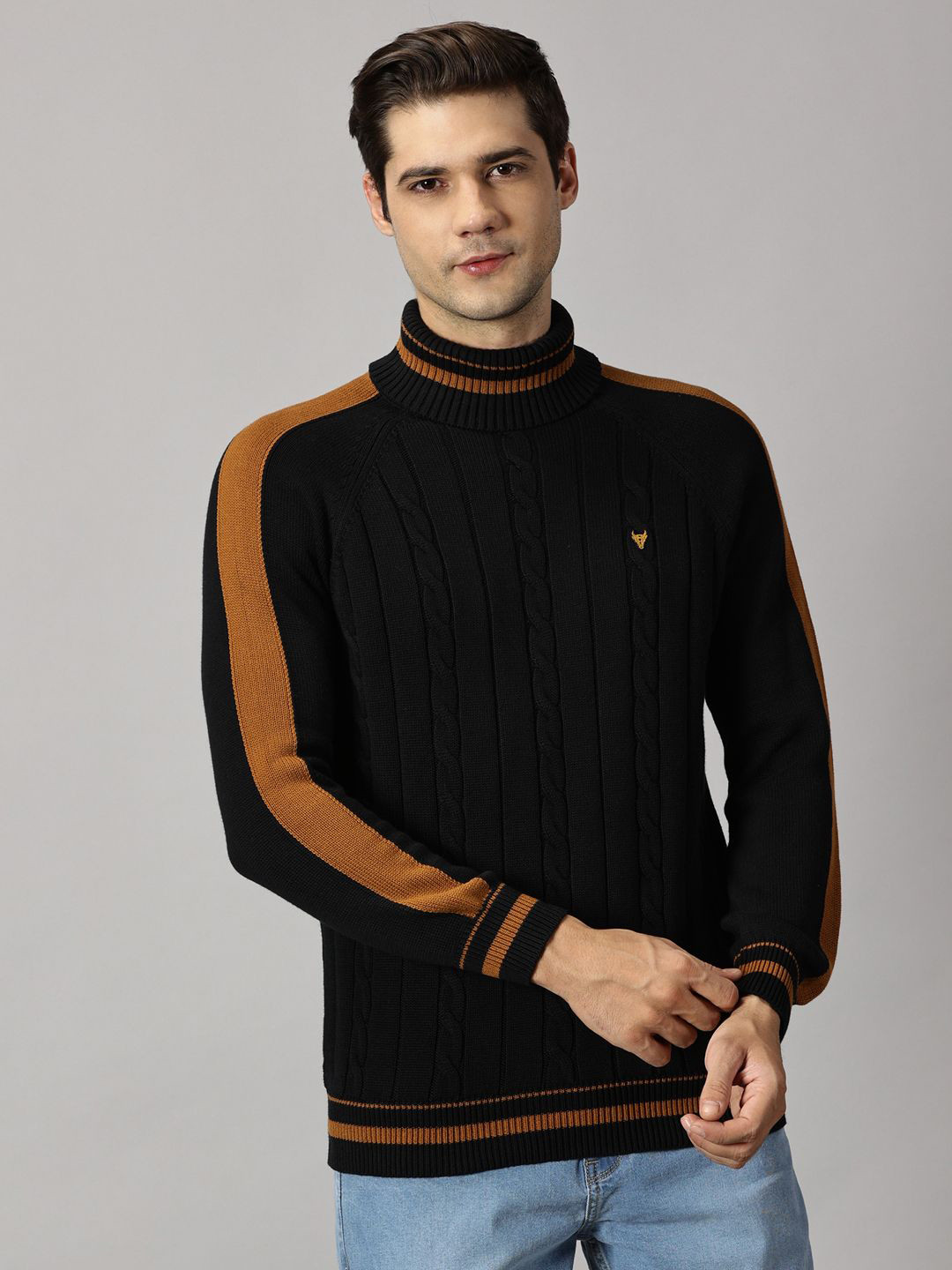 Buy BLACK BUCK Cable Knit Colourblocked Turtle Neck Sweater - Sweaters ...