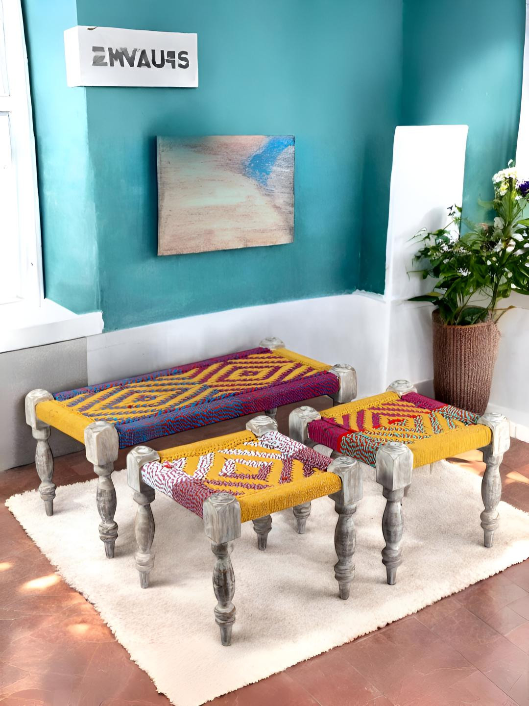 Buy Ikiriya 3 Pcs Yellow & Red Sheesham Wood Anti Skid Bench With ...