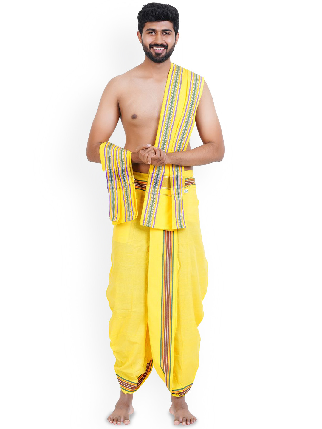 Buy Ethazh Mens Cotton 9*5 Acharya Yellow Panchakacham With ...