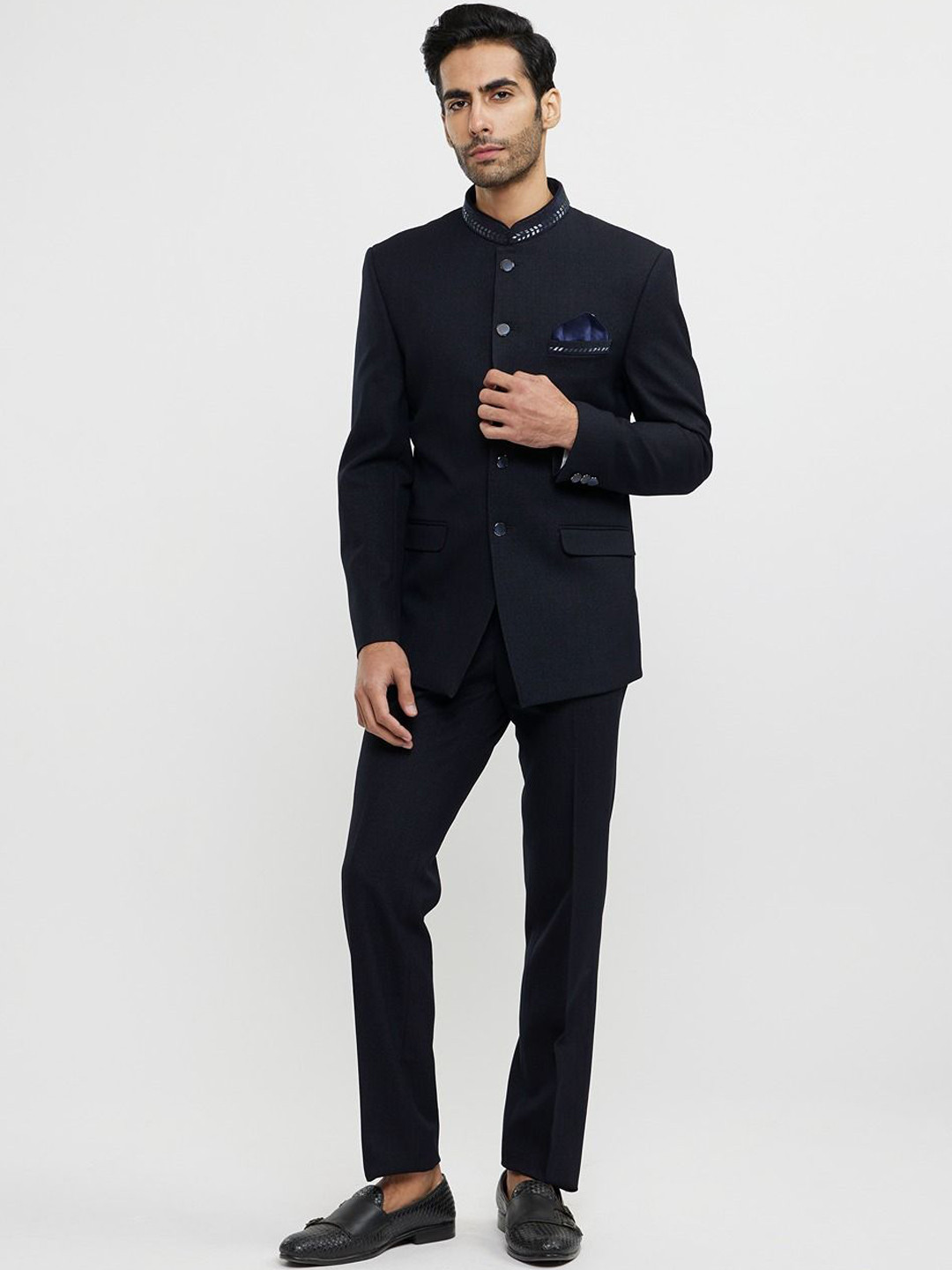 Buy Twamev Men Mandarin Collar Tailored Fit Self Design Suit Set ...