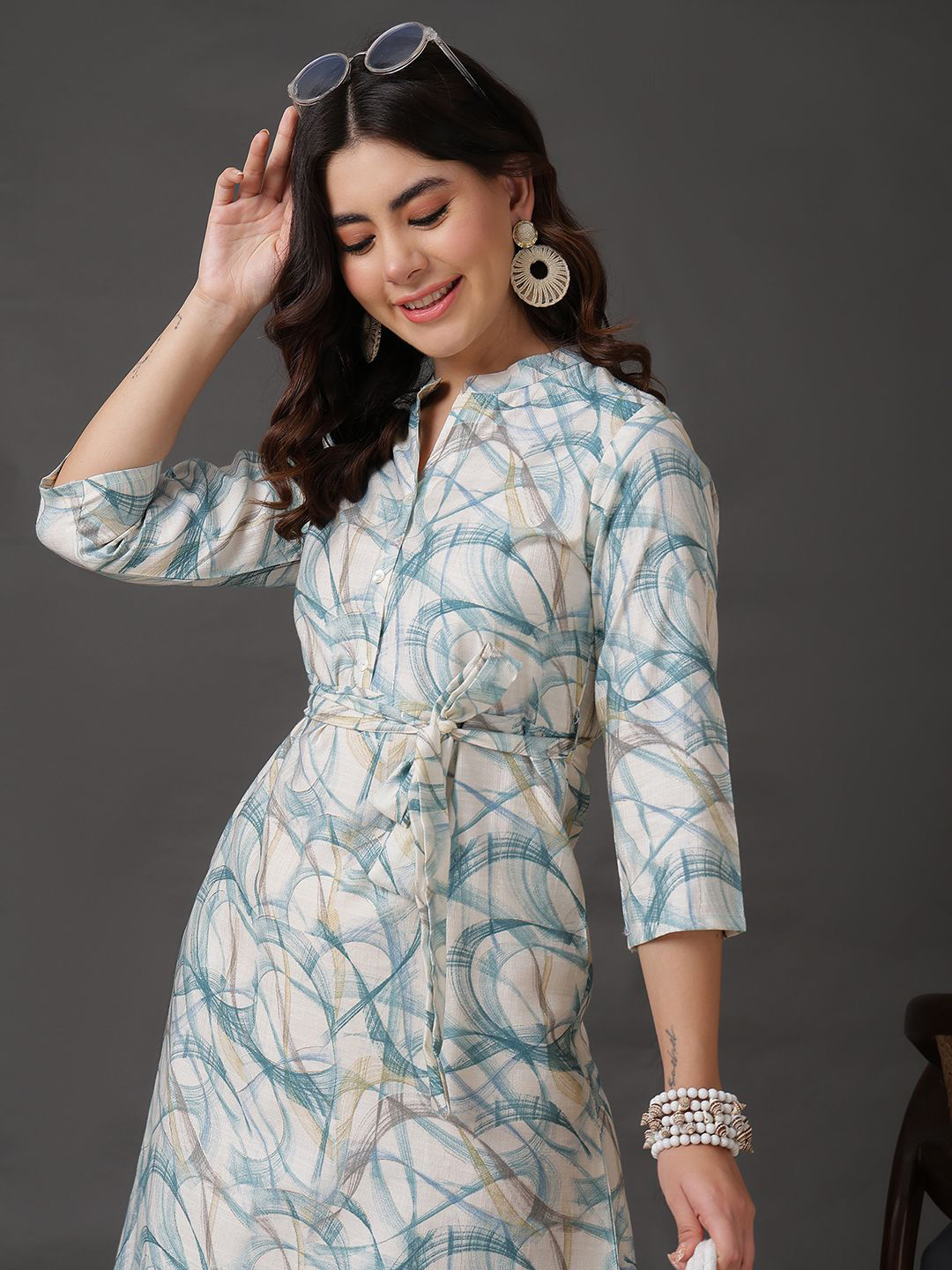Buy Anouk Women Printed Mandarin Collar A Line Dress With Belt ...