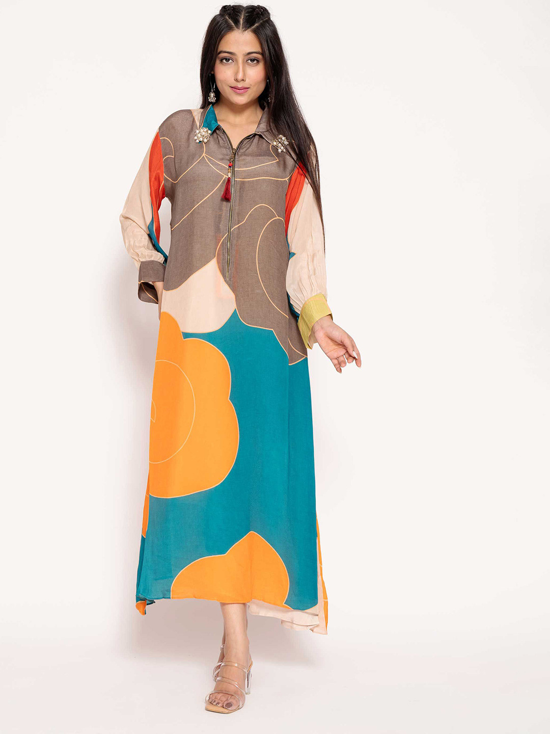 Buy AFFAIRE'S BY LEVELL5 Women Embellished Collar Printed A Line Midi ...