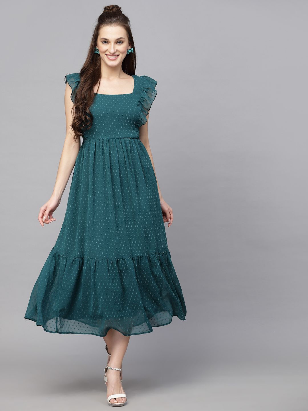 Buy Baesd Women Fit And Flare Self Design Ruffles Sleeveless Square Neck Midi Dress Dresses For