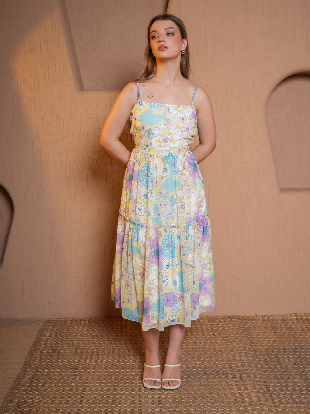 Buy PURVAJA Women Floral Printed Shoulder Strep Fit & Flare Midi Dress ...