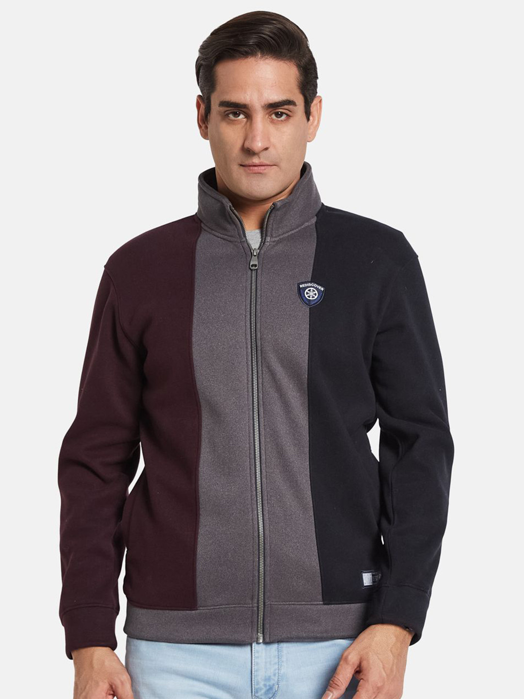 Buy Octave Men Colourblocked Mock Collar Front Open Sweatshirt ...