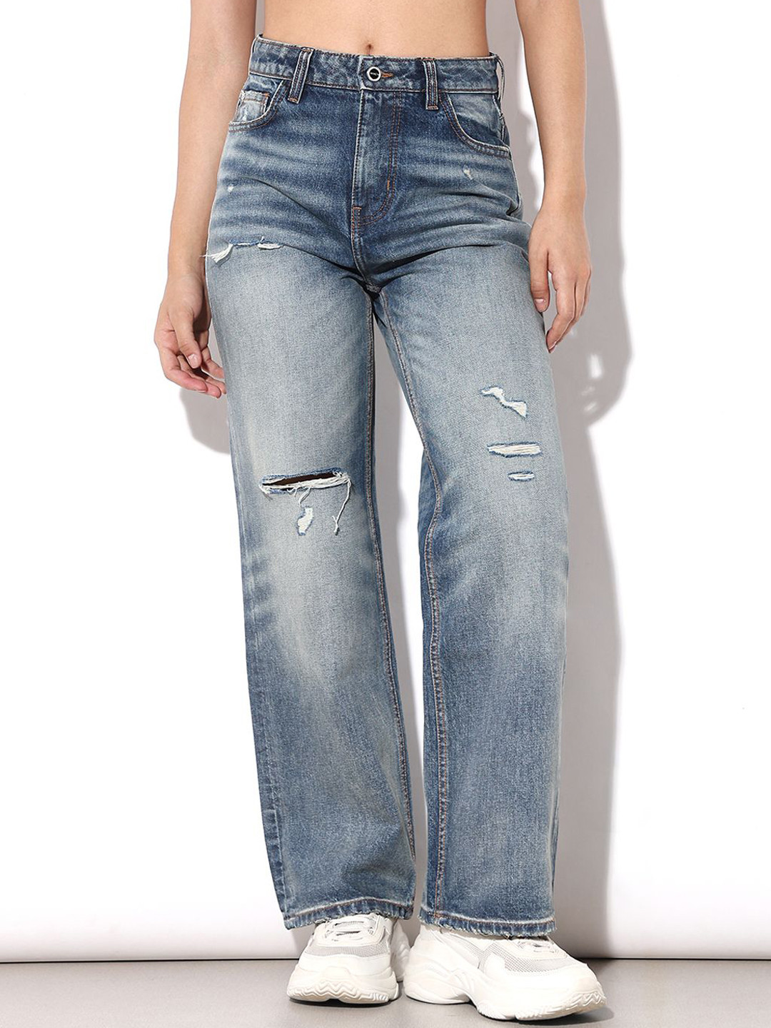 Buy ONLY Women Wide Leg High Rise Mildly Distressed Heavy Fade Jeans ...