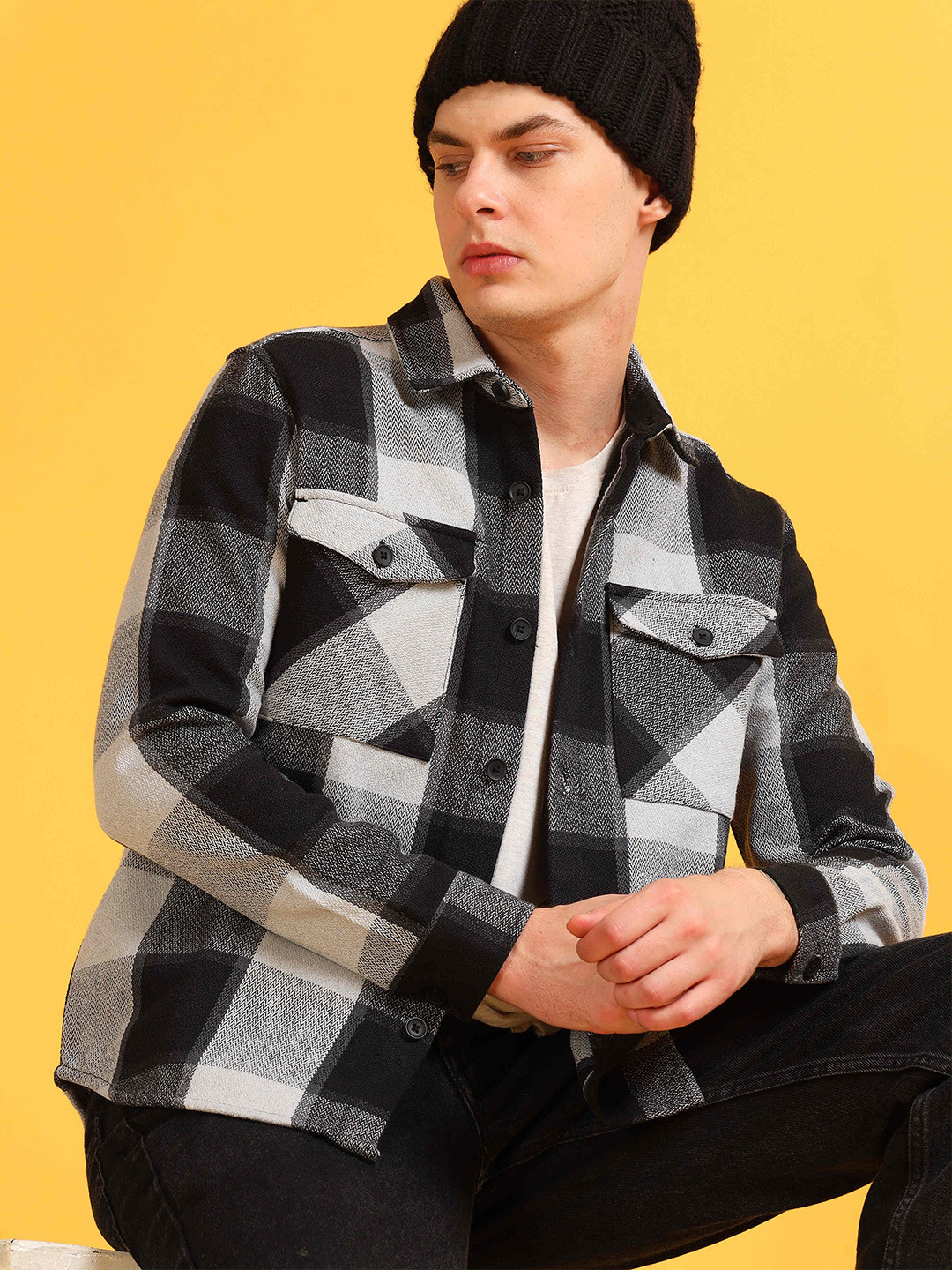 Buy StitchX Men Full Sleeve Textured Checkered Smart Collar Shacket ...