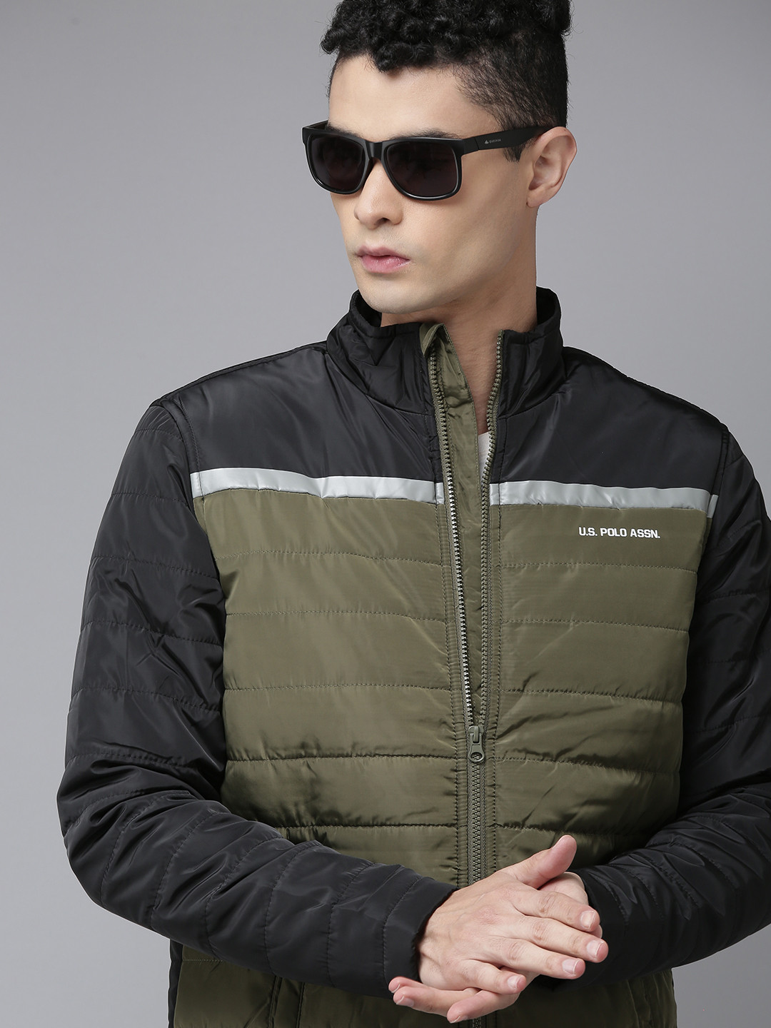 Buy U.S. Polo Assn. Men Olive Green Black Colourblocked Puffer Jacket ...