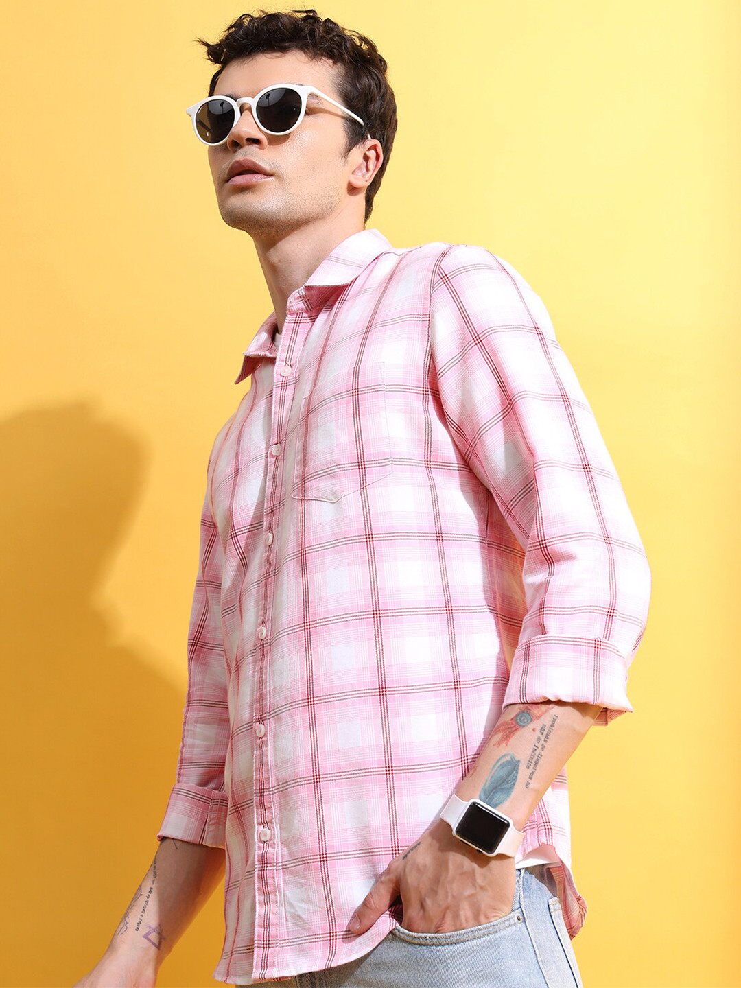 Buy HIGHLANDER Pink Slim Fit Windowpane Checked Casual Shirt - Shirts ...