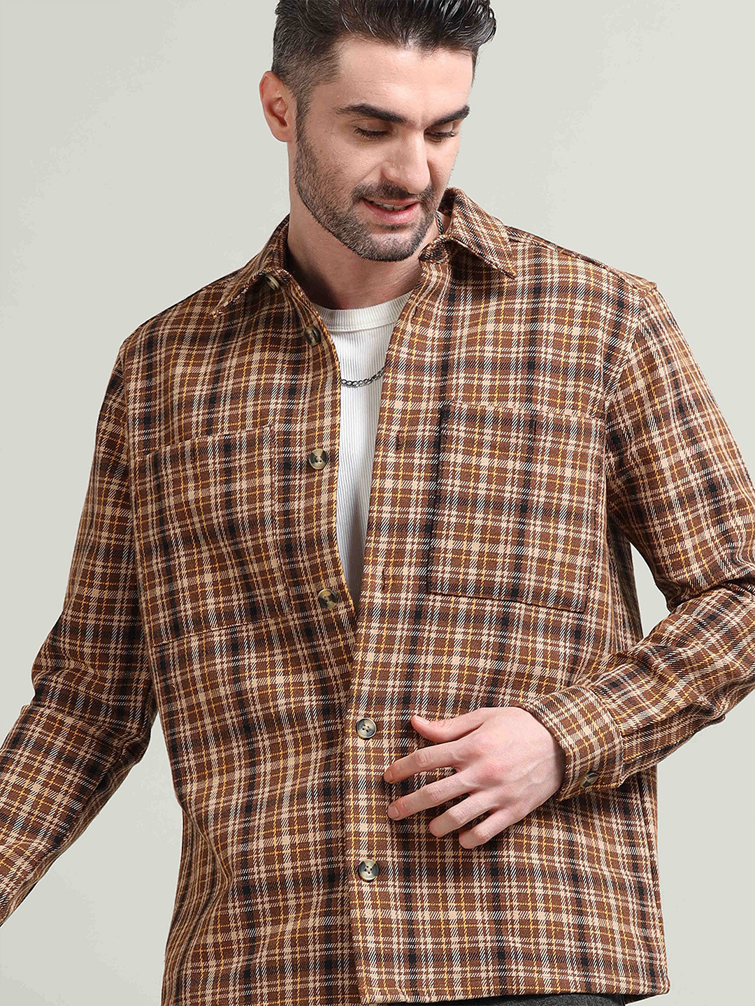 Buy StitchX Men Full Sleeve Textured Checkered Smart Collar Shacket ...