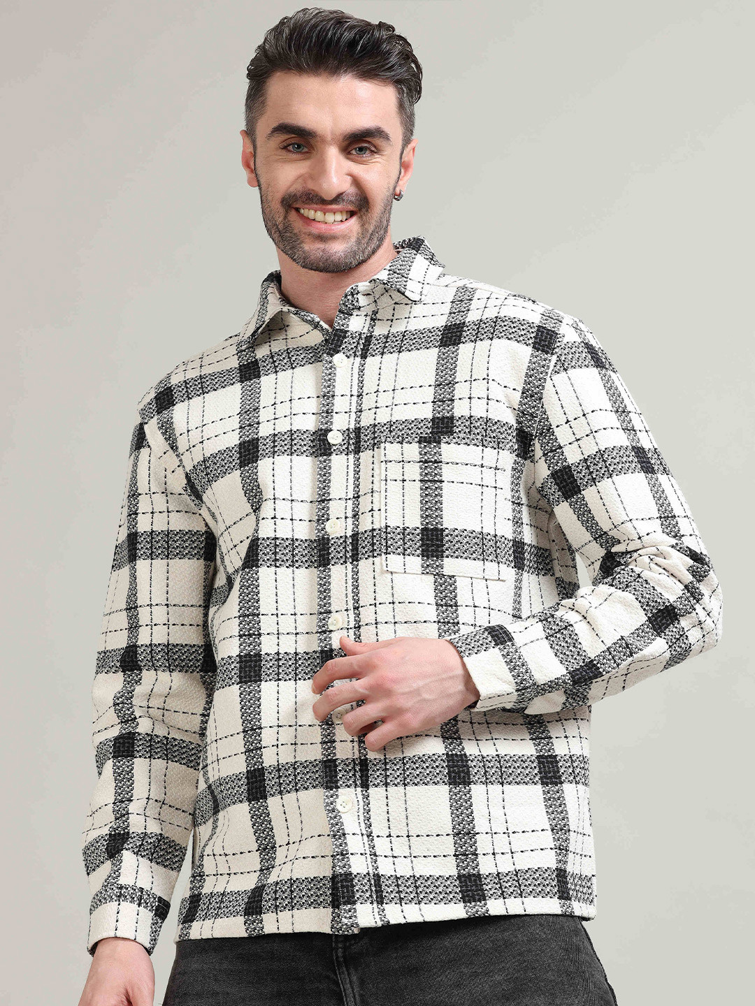 Buy StitchX Men Full Sleeve Textured Checkered Smart Collar Shacket ...