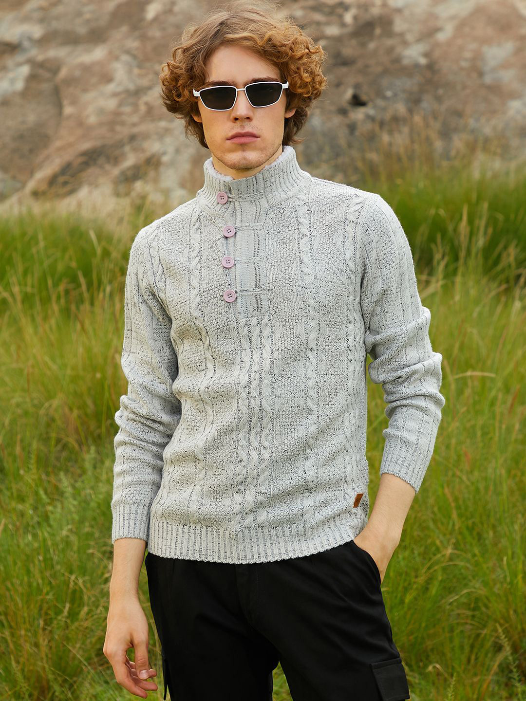 Buy Campus Sutra Men Self Design Cable Knit Button Detail Turtle Neck ...