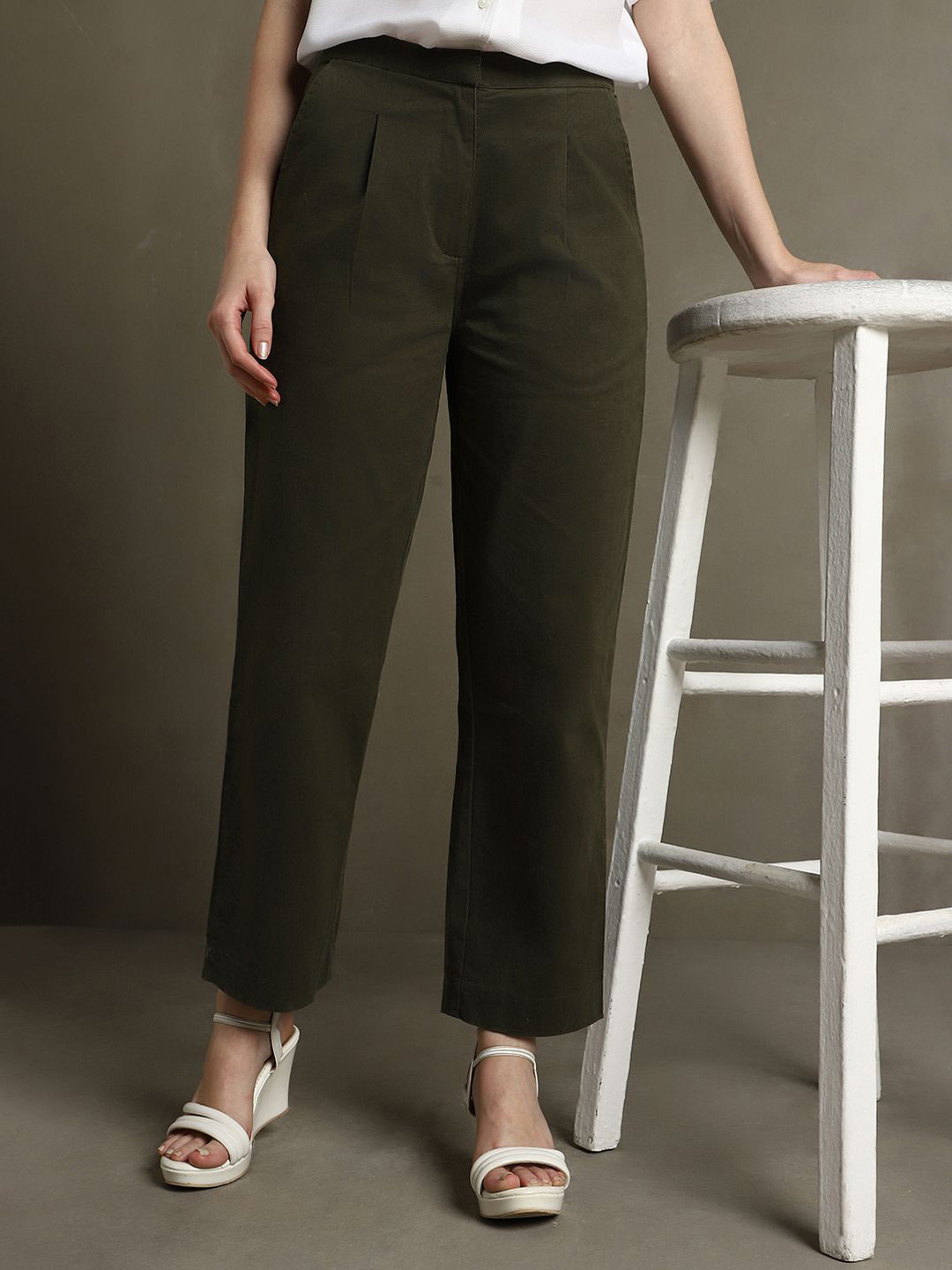 Buy DL Woman Cotton Straight Fit Pleated Casual Trousers - Trousers for ...