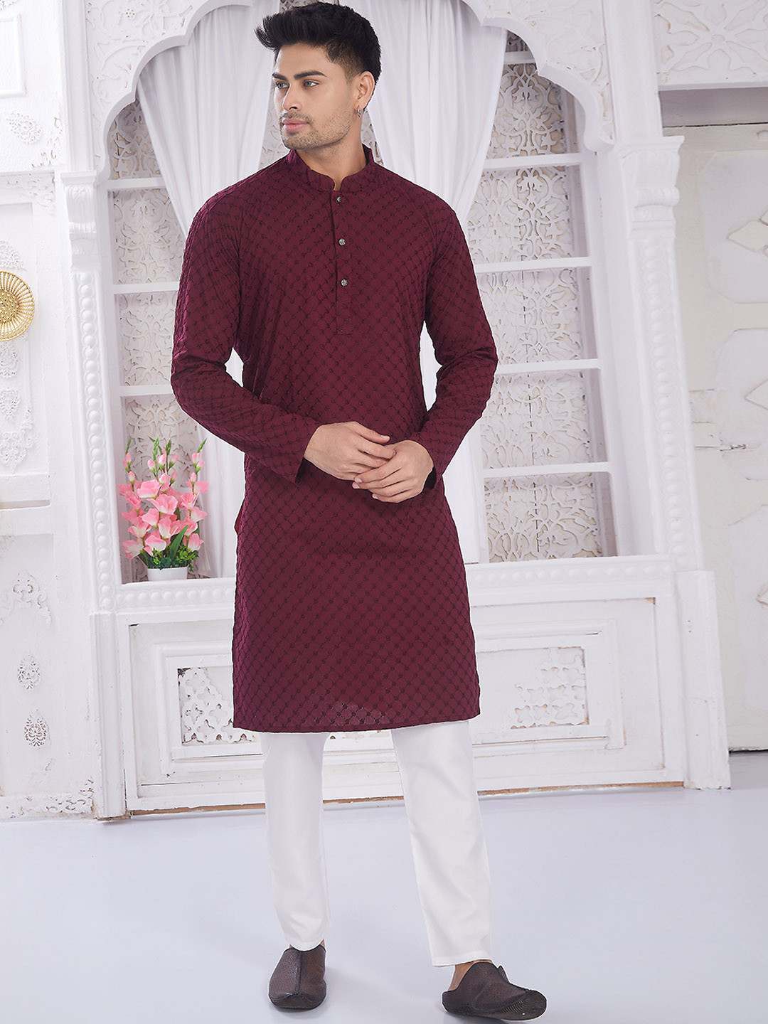 Buy DIVISIVE Geometric Embroidered Mandarin Collar Long Sleeves Pure ...