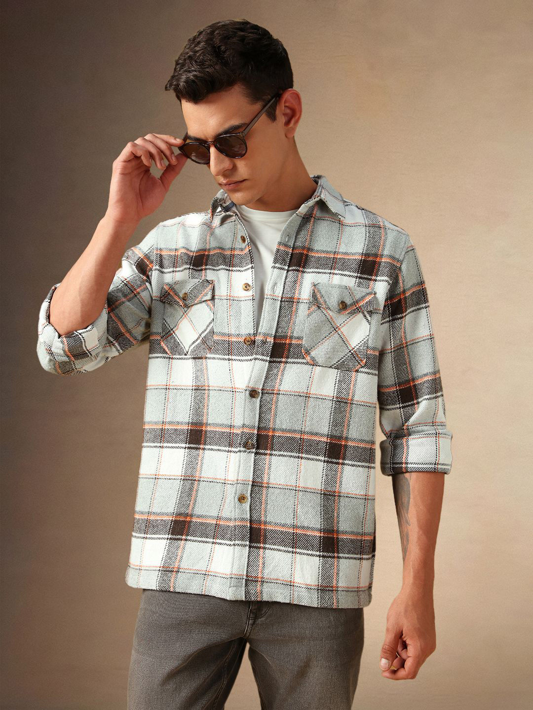 Buy Dennis Lingo Men Spread Collar Flannel Checked Cotton Relaxed Fit ...
