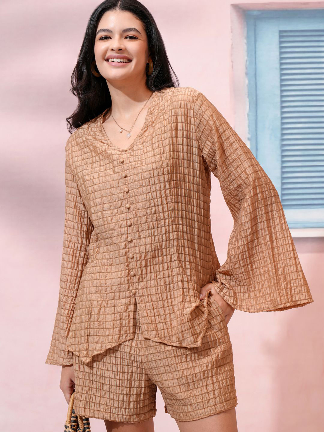 Buy Tokyo Talkies Brown Self Design V Nek Long Sleeve Top With Shorts ...