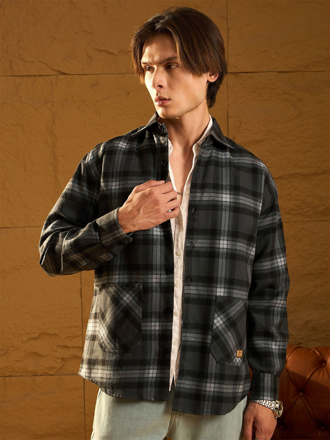 Buy DENNISON Men Double Pocket Drop Shoulder Oversized Cotton Checked ...