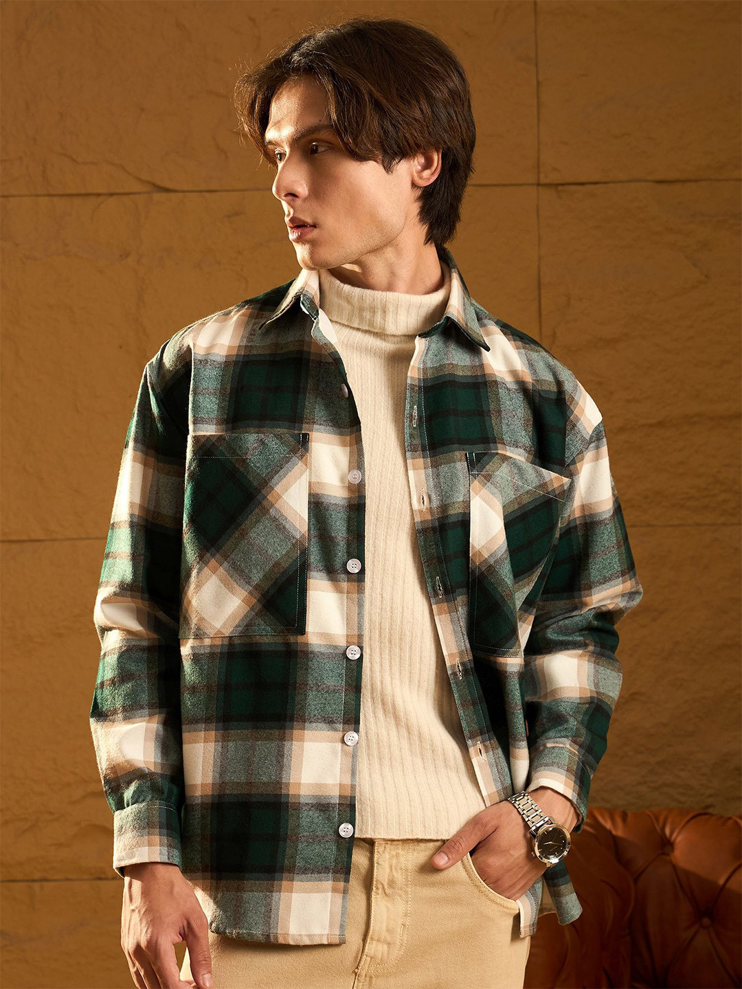 Buy DENNISON Men Double Pocket Drop Shoulder Oversized Cotton Checked ...