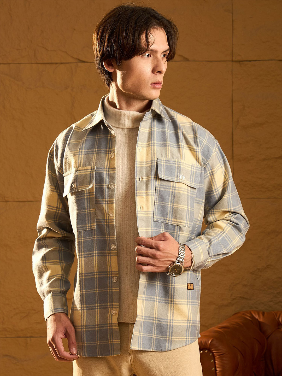 Buy DENNISON Men Double Pocket Drop Shoulder Oversized Cotton Checked ...