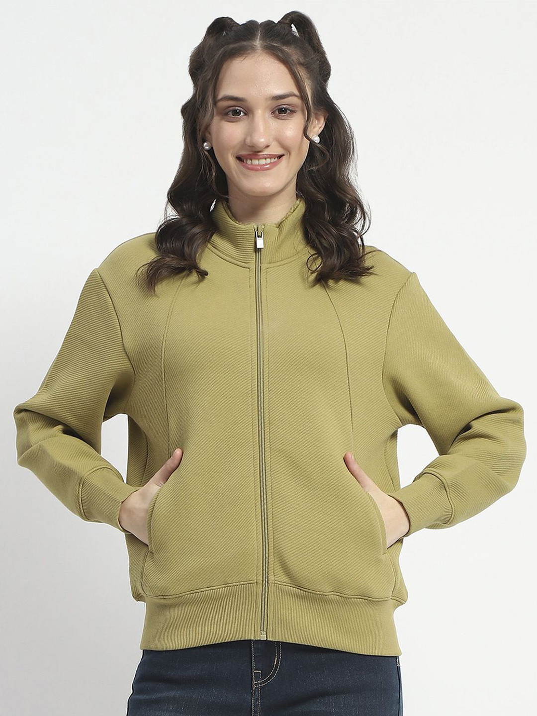 Buy Madame Women Mock Collar Long Sleeves Front Open Sweatshirt ...