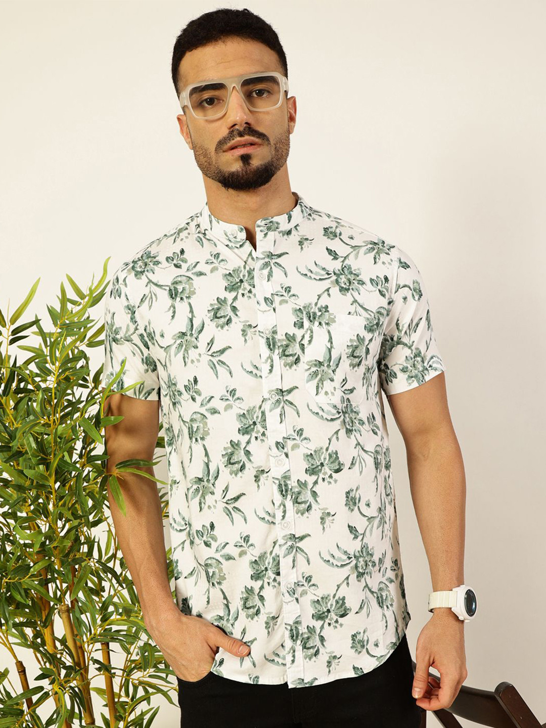 Buy VALEN CLUB Men Premium Band Collar Floral Self Design Slim Fit ...