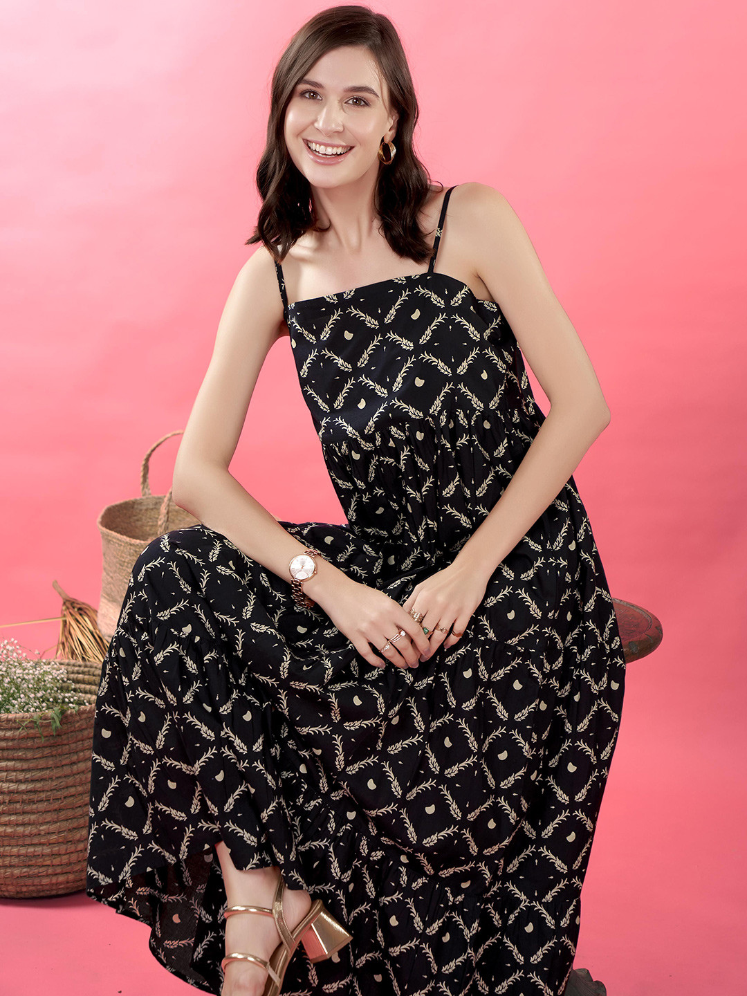 Buy Anouk Women Cotton Printed Shoulder Strep Layered Fit & Flare Maxi ...