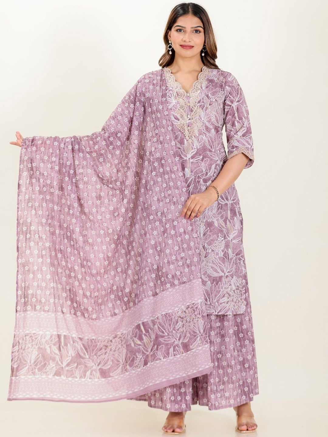 Buy Aramya Floral Printed Pure Cotton Straight Kurta With Sharara ...