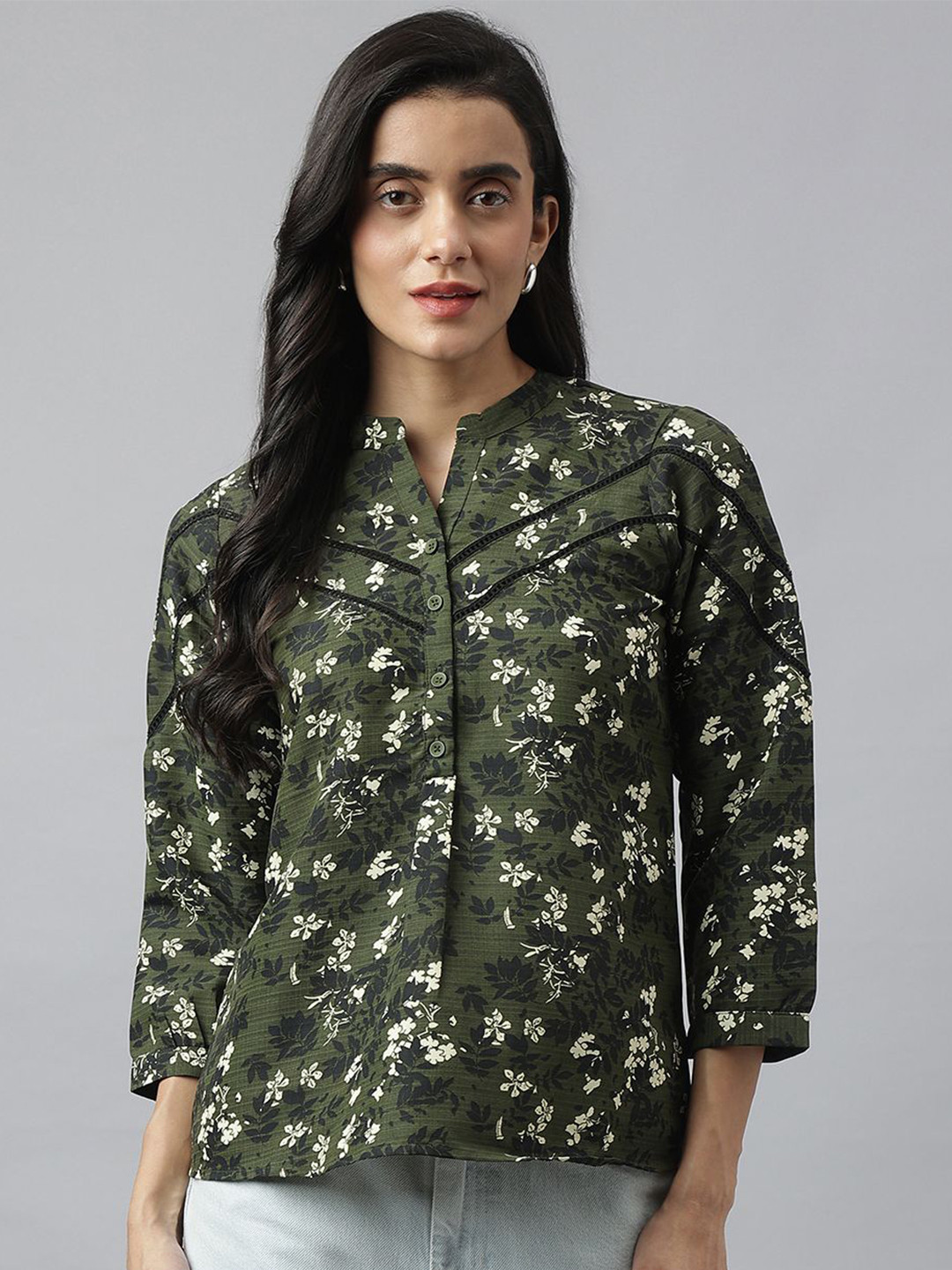 Buy Latin Quarters Women Floral Printed Mandarin Collar Shirt Style Top ...