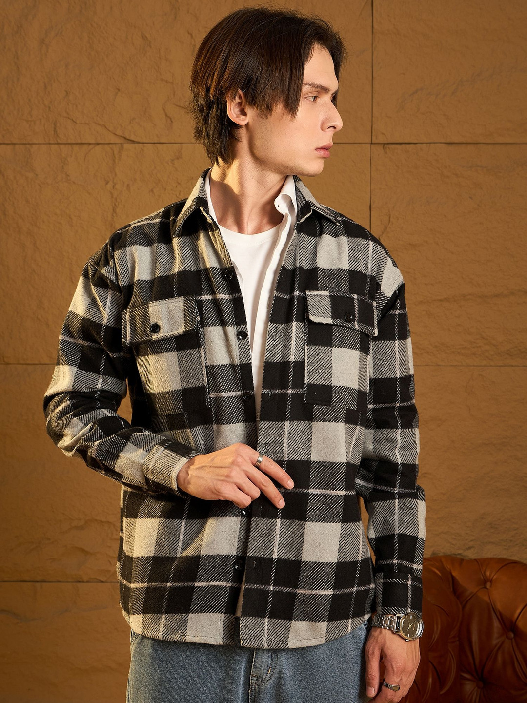 Buy DENNISON Double Pocket Drop Shoulder Oversized Cotton Checked ...