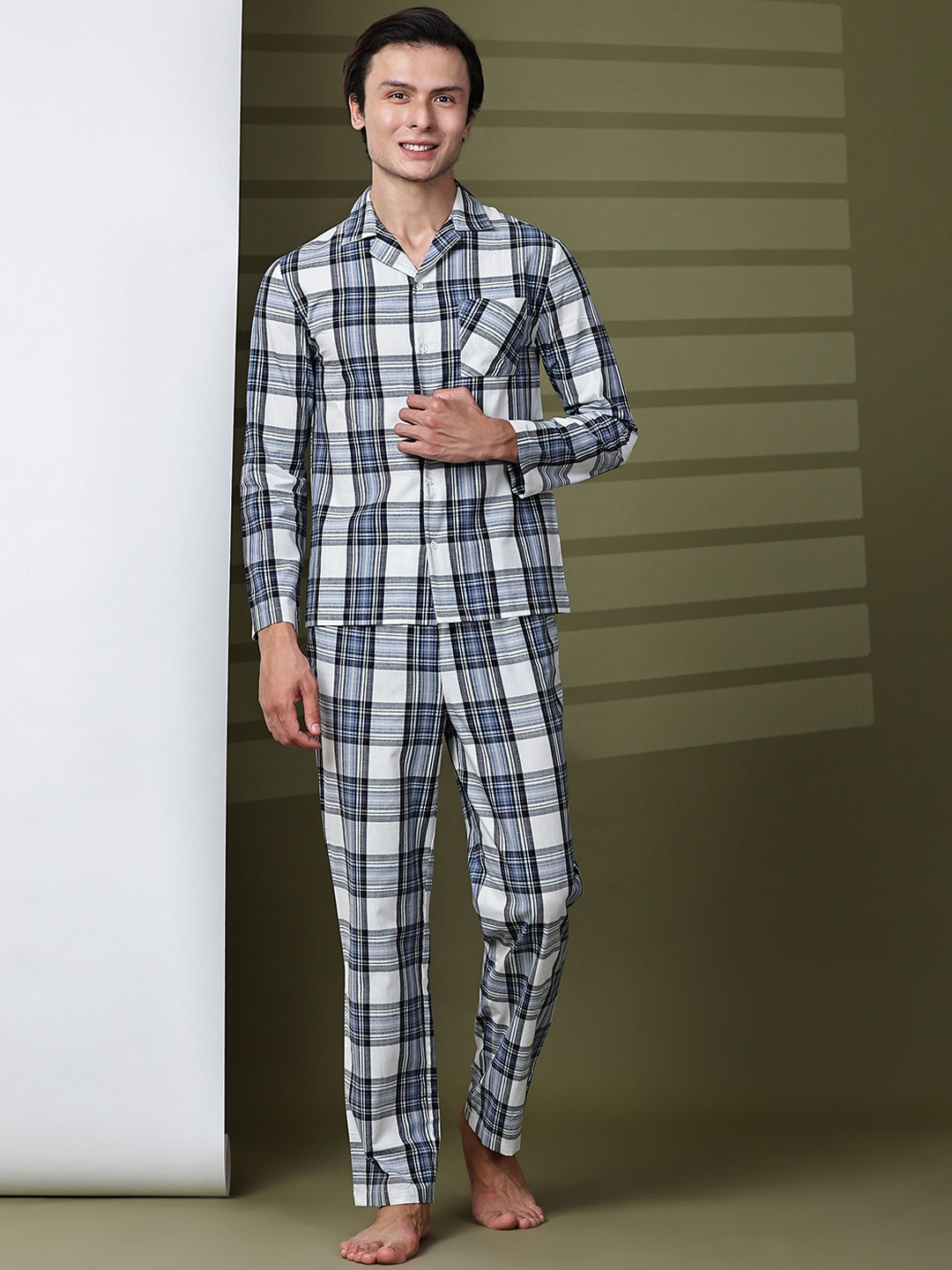 Buy BStories Men Pure Cotton Checked Night Suit - Night Suits for Men ...