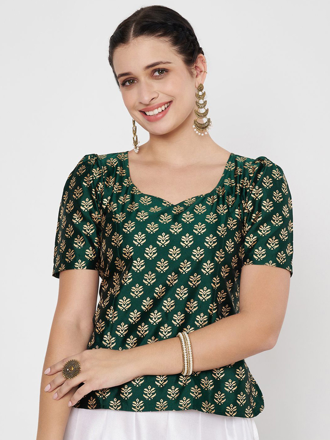 Buy Studio Rasa Women Print Sweetheart Neck Puff Sleeve Sheen Ethnic Top - Tops for Women ...