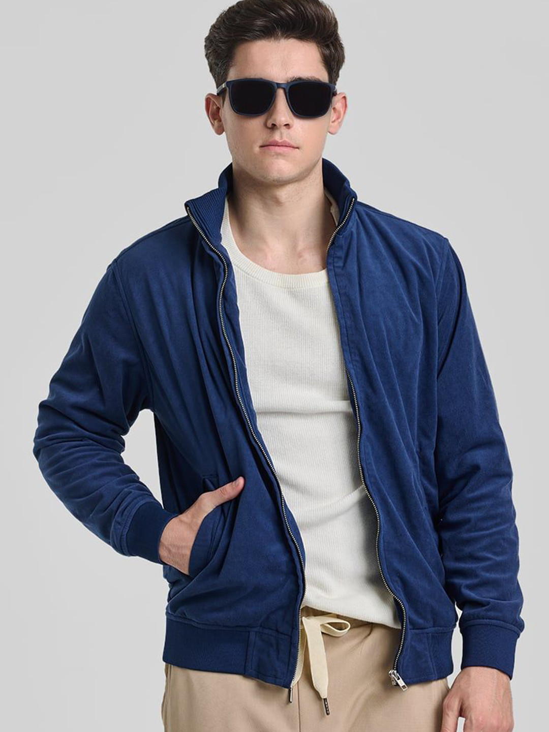 Buy Snitch Men Mock Collar Solid Casual Open Front Jacket - Jackets for ...