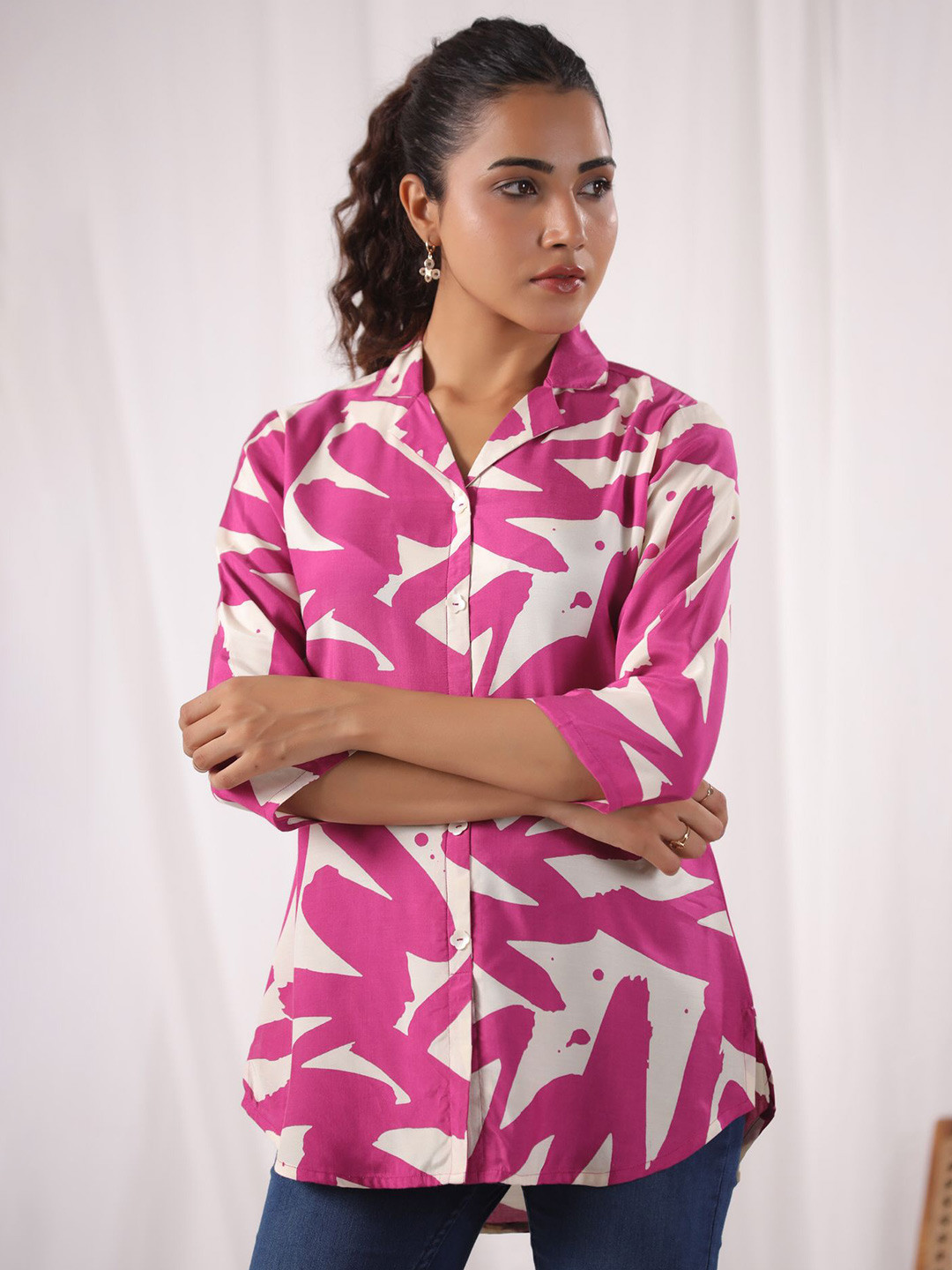 Buy JISORA Women Abstract Printed Cuban Collar Pure Silk Top - Tops for ...