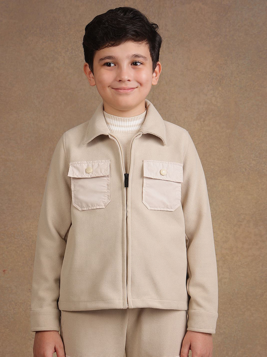 Buy One Friday Boys Spread Collar Self Design Casual Open Front Jacket ...