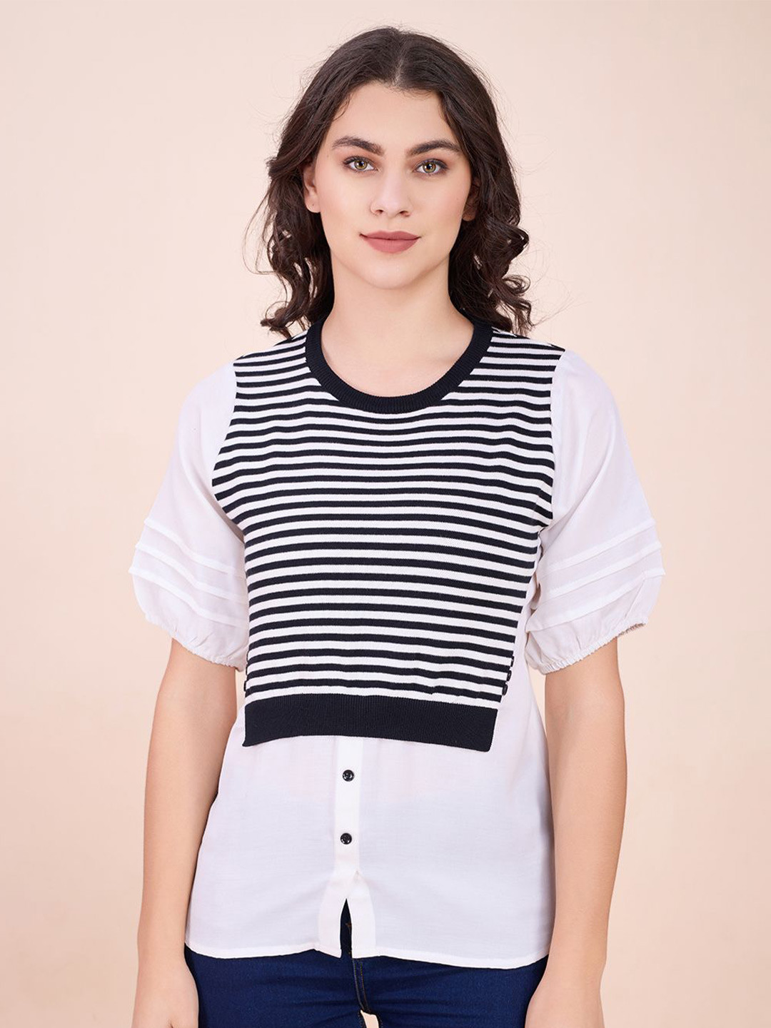 Buy CARTYSHOP Women Horizontal Striped Round Neck Cotton Top - Tops for ...