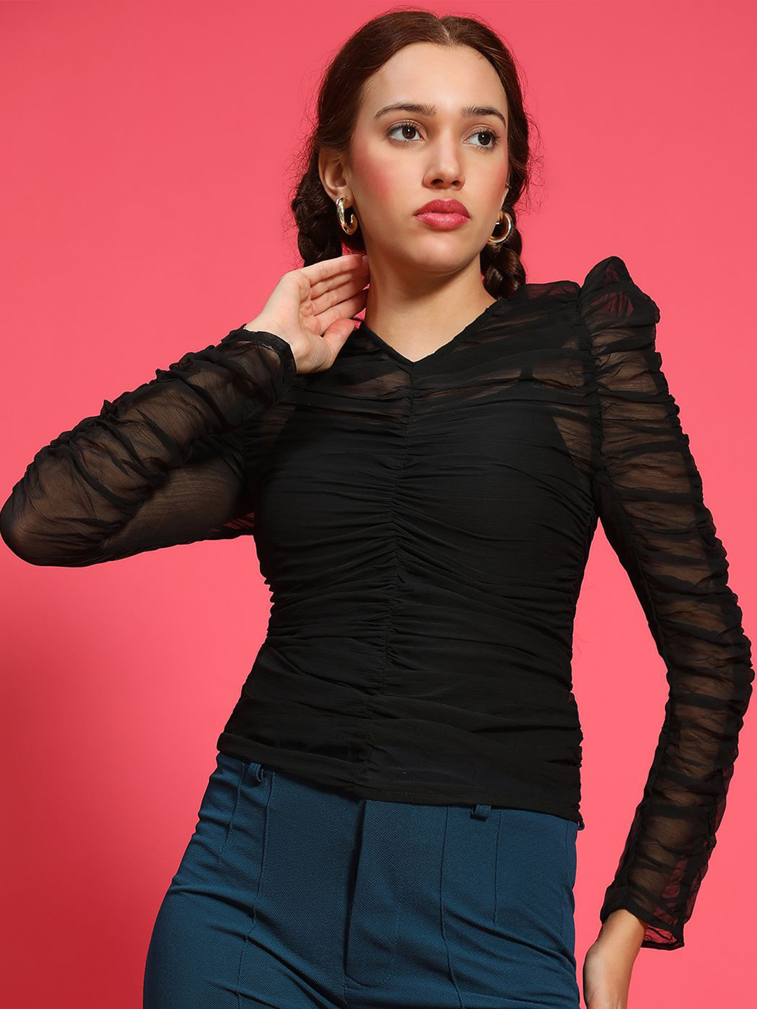 Buy Oxolloxo Women Solid Puff Sleeve Georgette Gather Pleated Semi ...