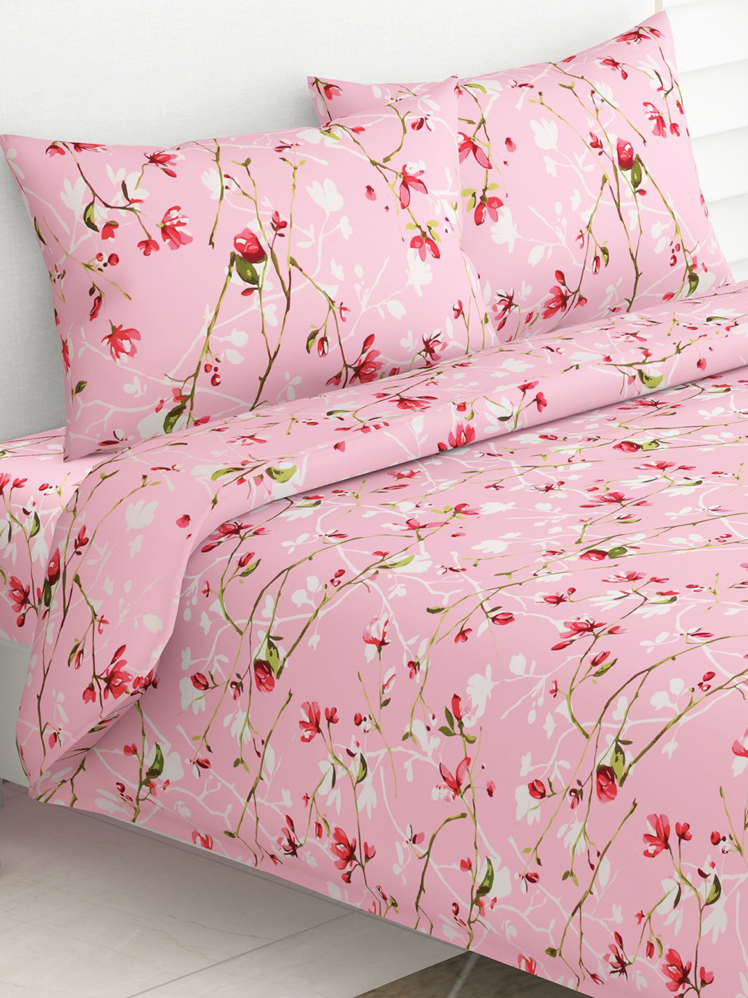 Buy Haus & Kinder Pink Printed Cotton 186 TC Single Bedsheet Set 2.29 M ...
