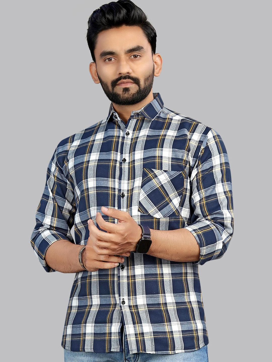 Buy Allan Peter Men Classic Spread Collar Tartan Checked Cotton Casual ...